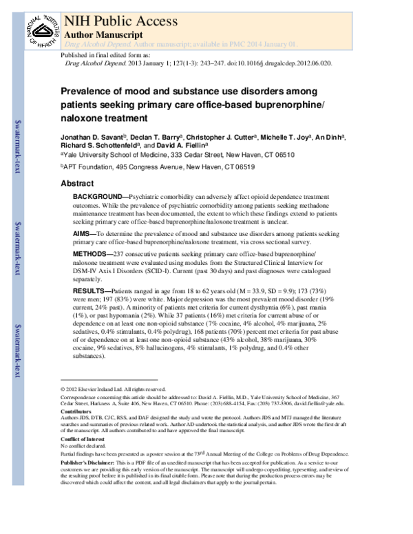 (PDF) Prevalence of mood and substance use disorders among patients seeking primary care office ...