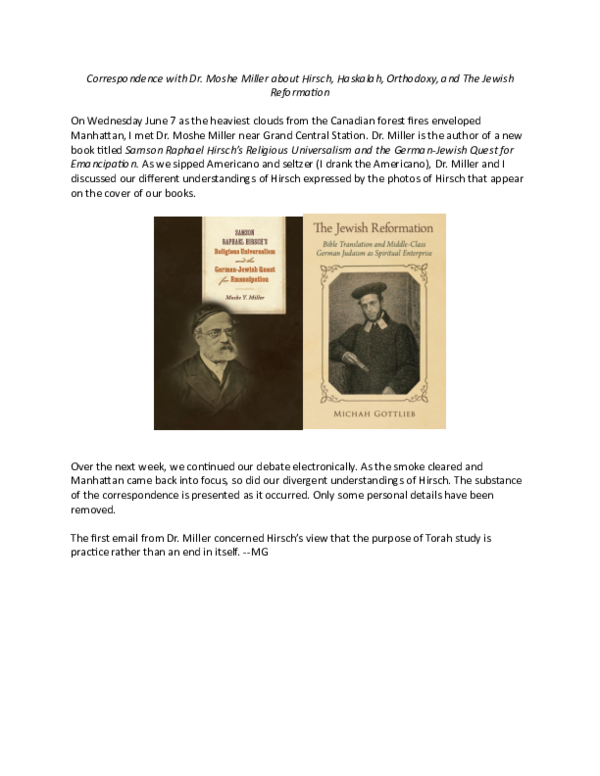 (PDF) Correspondence with Dr. Moshe Miller about Hirsch, Haskalah ...