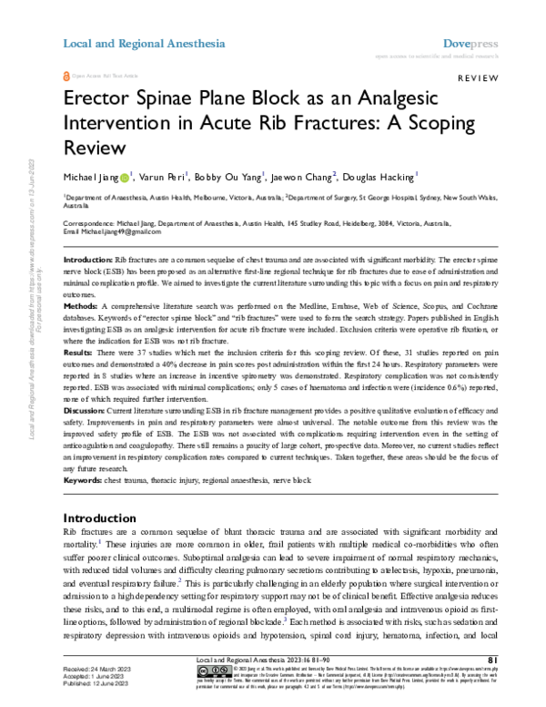 (PDF) Erector Spinae Plane Block as an Analgesic Intervention in Acute ...