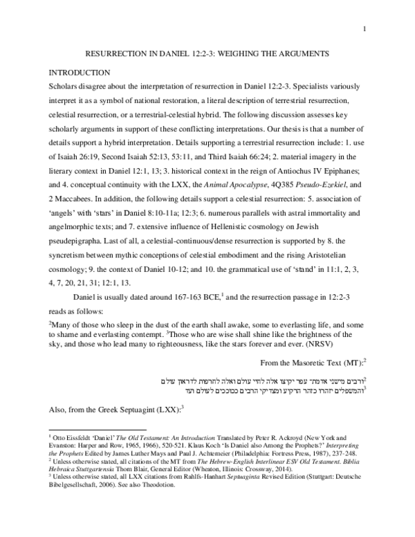 (PDF) RESURRECTION IN DANIEL 12:2-3: WEIGHING THE ARGUMENTS