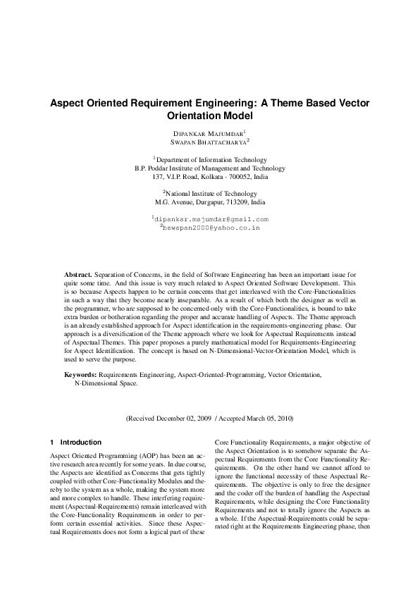 (PDF) Aspect Oriented Requirement Engineering: A Theme Based Vector Orientation Model