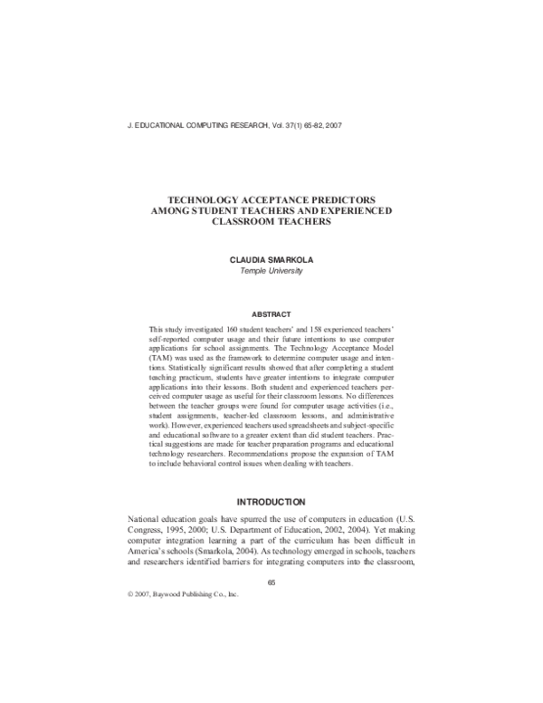 (PDF) Technology Acceptance Predictors among Student Teachers and Experienced Classroom Teachers