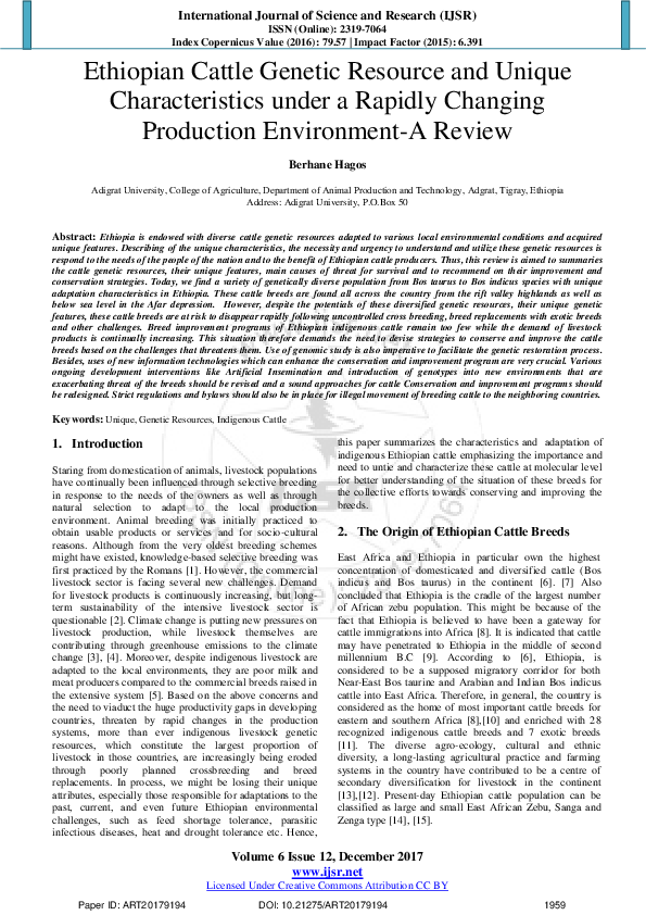 (PDF) Ethiopian Cattle Genetic Resource and Unique Characteristics under a Rapidly Changing ...