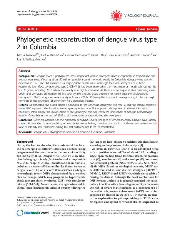 (PDF) Phylogenetic reconstruction of dengue virus type 2 in Colombia
