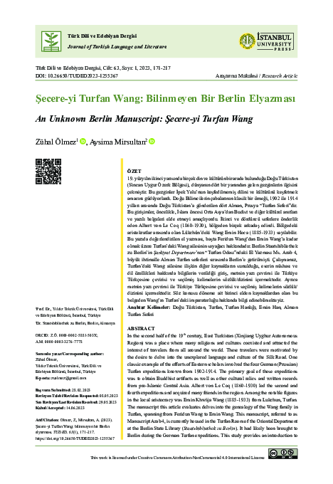 (PDF) An Unknown Berlin Manuscript: Şecere-yi Turfan Wang