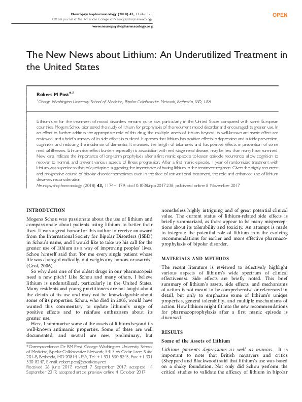 (PDF) The New News about Lithium: An Underutilized Treatment in the ...