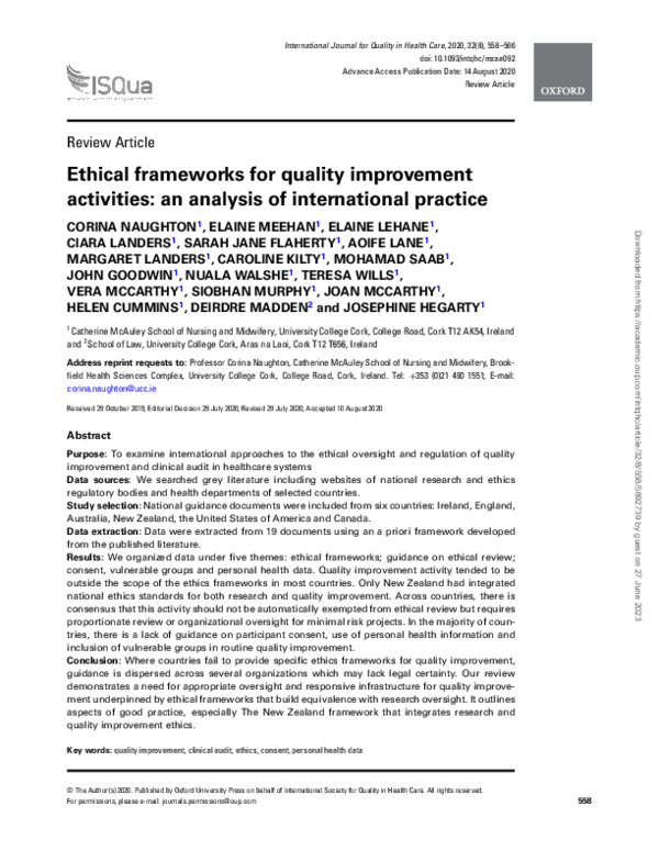 (PDF) Ethical frameworks for quality improvement activities: an analysis of international practice