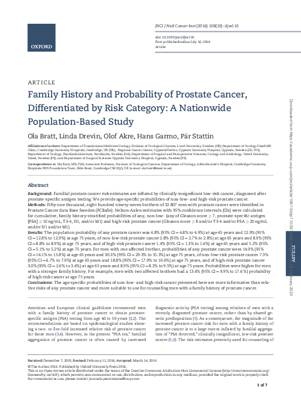 (PDF) Family History and Probability of Prostate Cancer, Differentiated ...