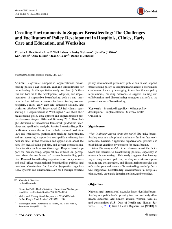 (PDF) Creating Environments to Support Breastfeeding: The Challenges and Facilitators of Policy ...