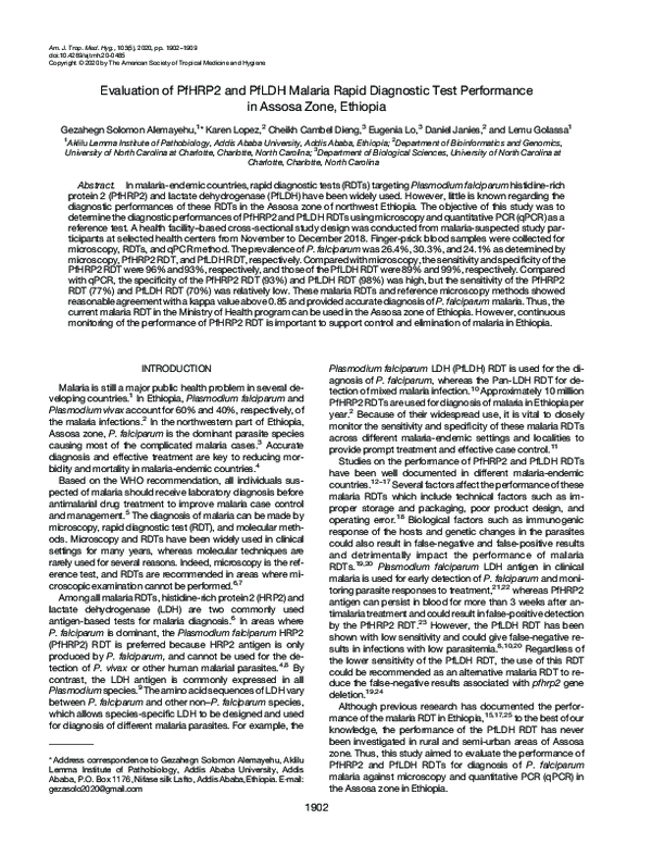 (PDF) Evaluation of PfHRP2 and PfLDH Malaria Rapid Diagnostic Test ...