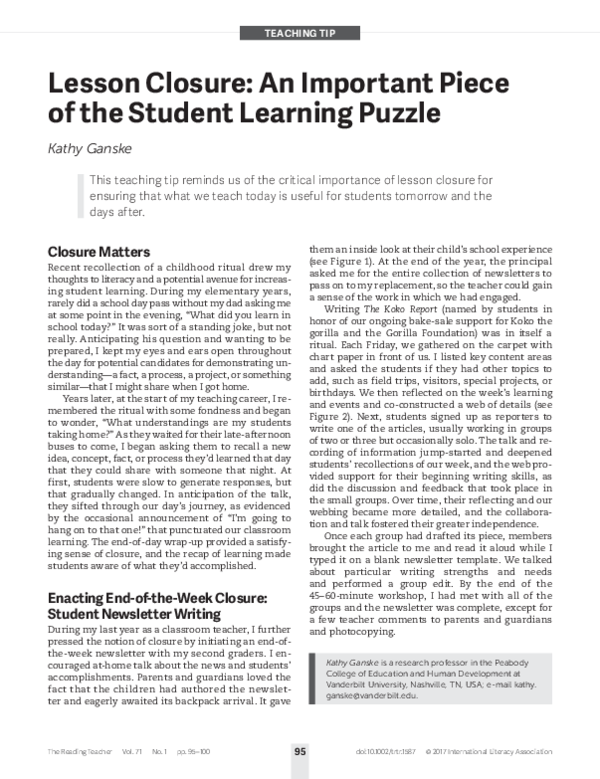 Lesson Closure: An Important Piece of the Student Learning Puzzle