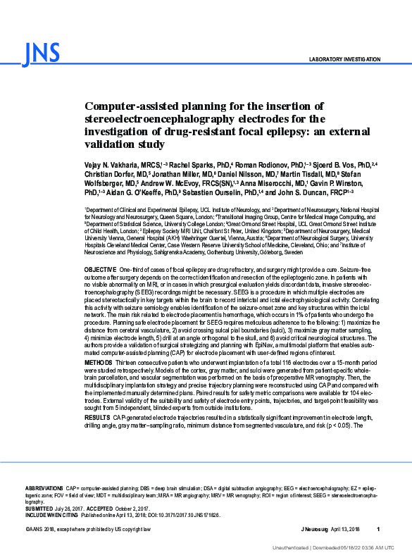(PDF) Computer-assisted planning for the insertion of stereoelectroencephalography electrodes ...