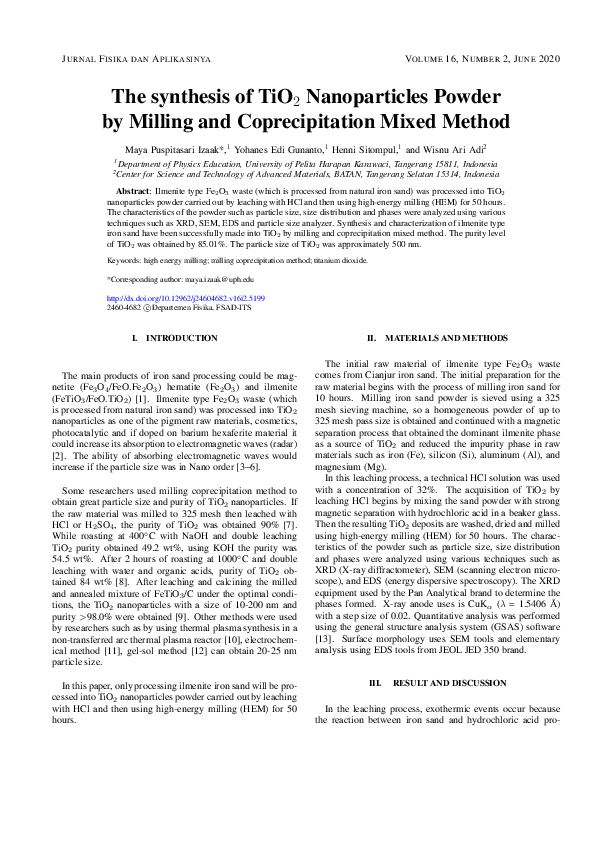 (PDF) The synthesis of TiO2 nanoparticles by Milling and Coprecipitation Mixed Method