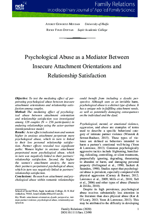 (PDF) Psychological Abuse as a Mediator Between Insecure Attachment ...