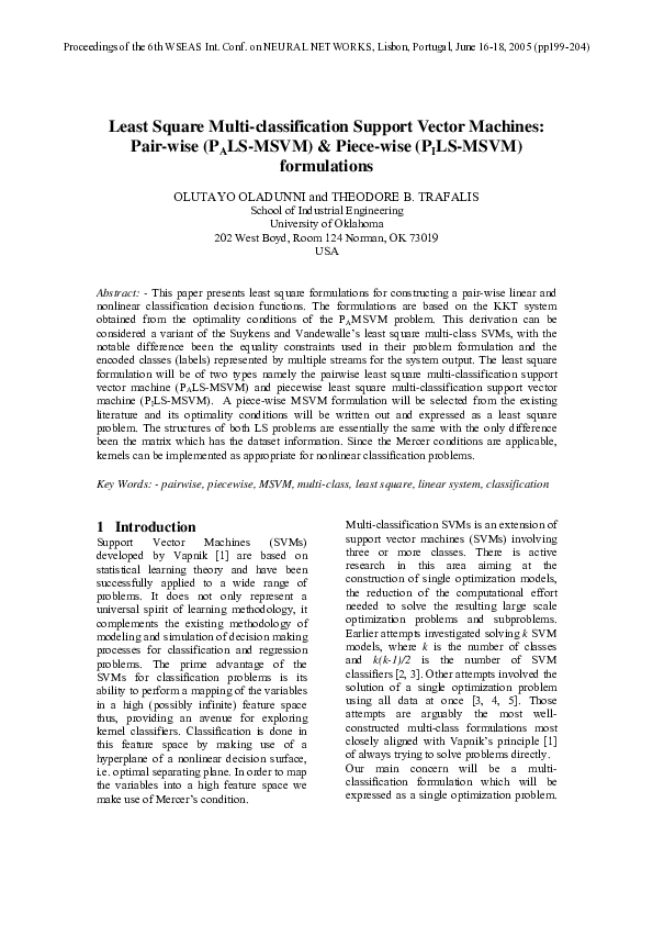 (PDF) Least square multi-classification support vector machines: pair-wise(P (A) LS-MSVM) and ...