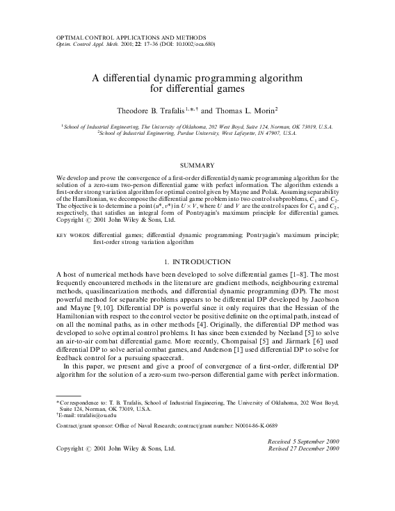 (PDF) A differential dynamic programming algorithm for differential games