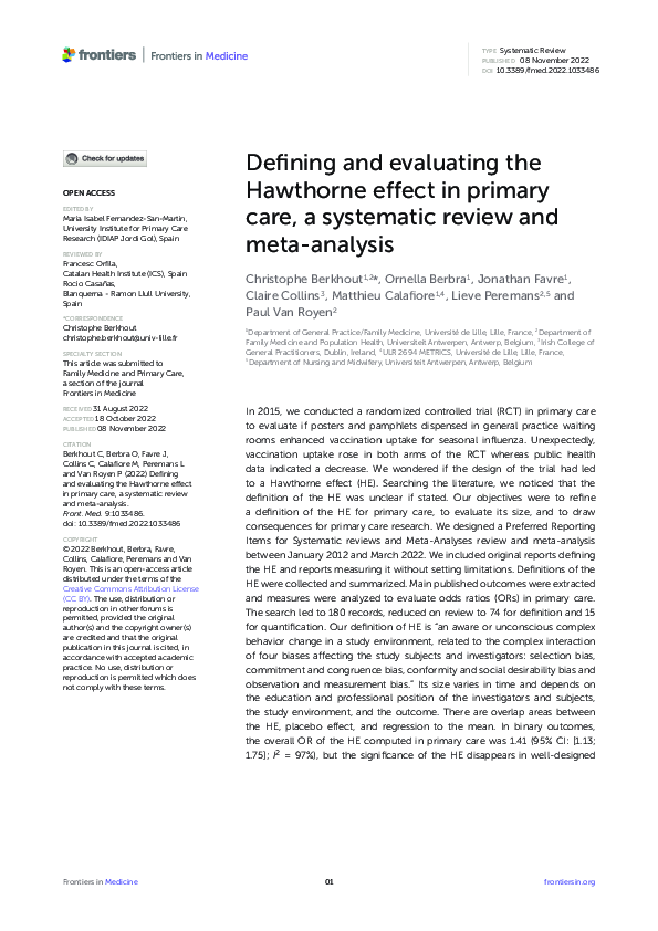(PDF) Defining and evaluating the Hawthorne effect in primary care, a ...