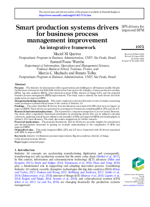 (PDF) Smart production systems drivers for business process management improvement An ...