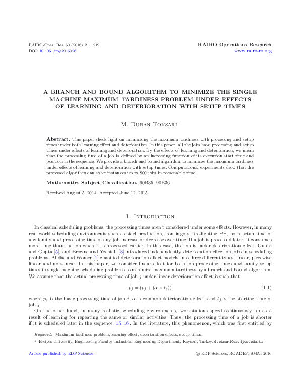 Pdf A Branch And Bound Algorithm To Minimize The Single Machine Maximum Tardiness Problem