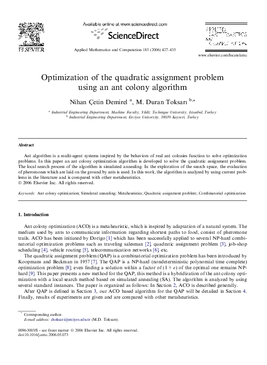 Pdf Optimization Of The Quadratic Assignment Problem Using An Ant Colony Algorithm