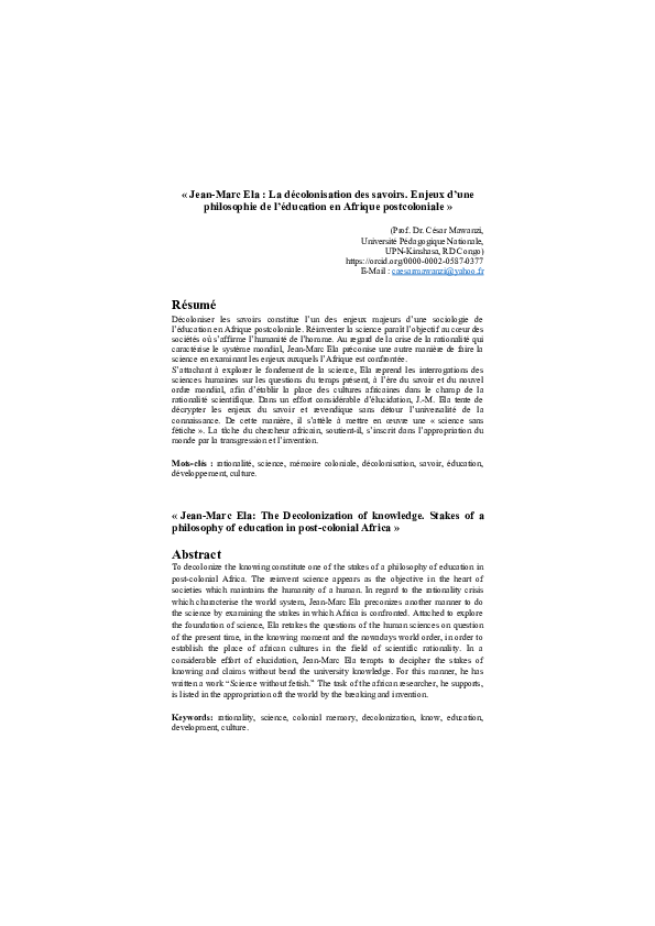 (DOC) Jean-Marc Ela : La décolonisation des savoirs. Enjeux d'une ...