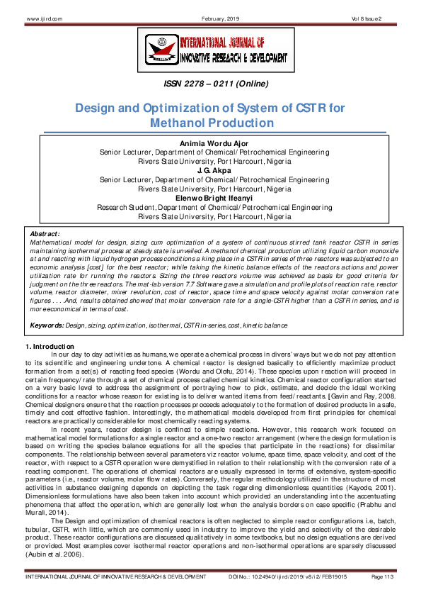 (PDF) Design and Optimization of System of CSTR for Methanol Production
