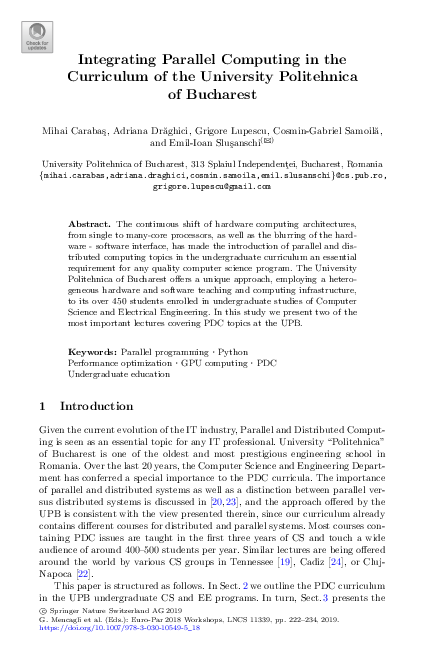 (PDF) Integrating Parallel Computing in the Curriculum of the University Politehnica of ...