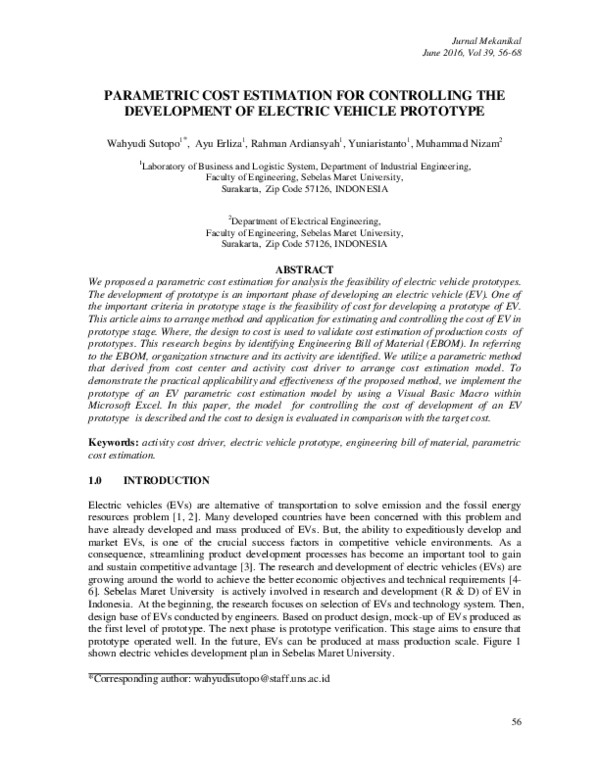 Pdf An Application Of Parametric Cost Estimation To Predict Cost Of Electric Vehicle Prototype