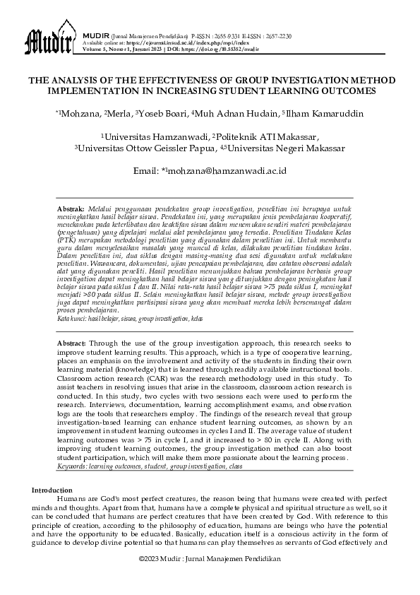 (PDF) THE ANALYSIS OF THE EFFECTIVENESS OF GROUP INVESTIGATION METHOD ...