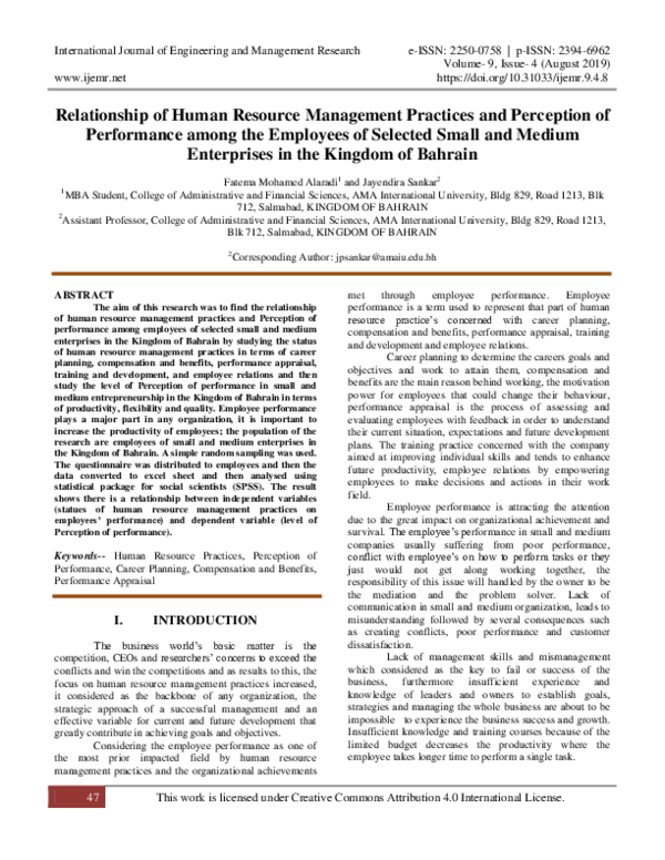 (PDF) Relationship of Human Resource Management Practices and Perception of Performance among ...