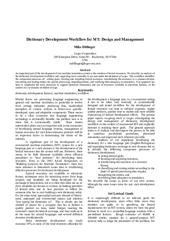 (PDF) Dictionary Development Workflow for MT: Design and Management