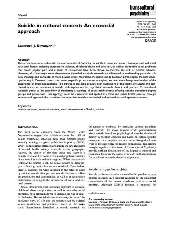 (PDF) Suicide in cultural context: An ecosocial approach