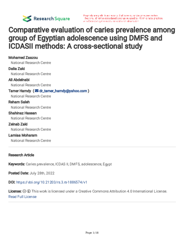 Pdf Comparative Evaluation Of Caries Prevalence Among Group Of Egyptian Adolescence Using Dmfs