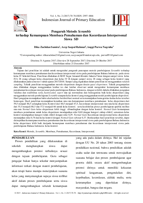 (PDF) Indonesian Journal of Primary Education Pengaruh Metode Scramble ...