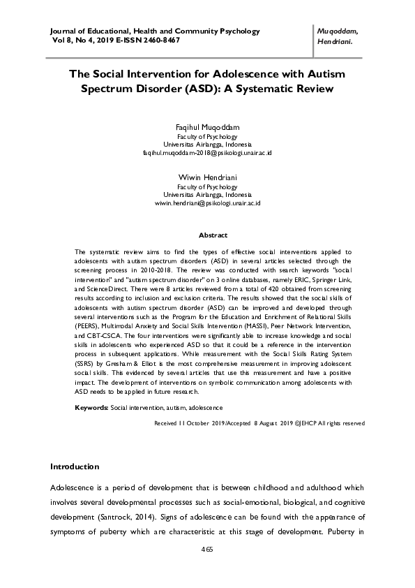 (PDF) The Social Intervention for Adolescence with Autism Spectrum ...