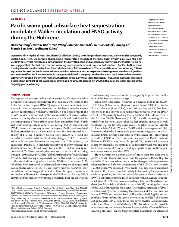 (PDF) Pacific warm pool subsurface heat sequestration modulated Walker ...