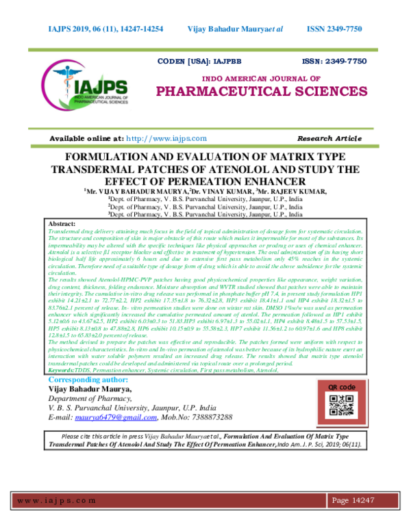 (PDF) Formulation and Evaluation of Matrix Type Transdermal Patches of ...