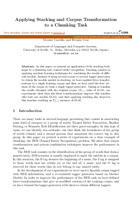 (PDF) Applying Stacking and Corpus Transformation to a Chunking Task
