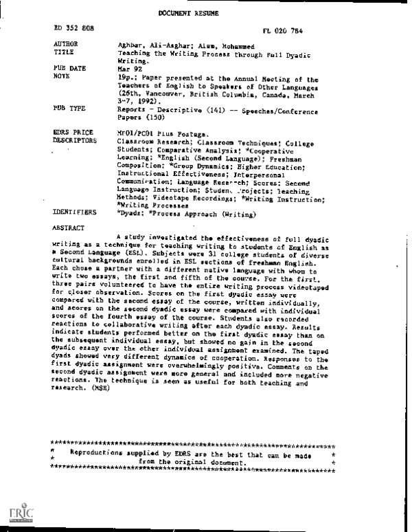 (PDF) Teaching the Writing Process through Full Dyadic Writing
