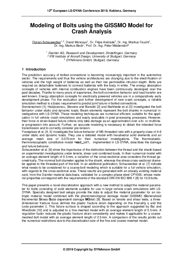 (PDF) Modeling of Bolts using the GISSMO Model for Crash Analysis