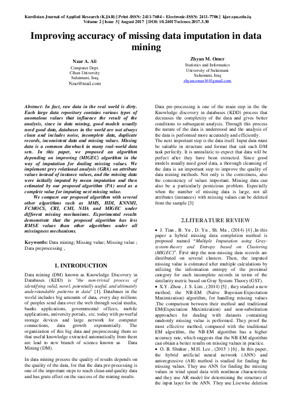 Pdf Improving Accuracy Of Missing Data Imputation In Data Mining