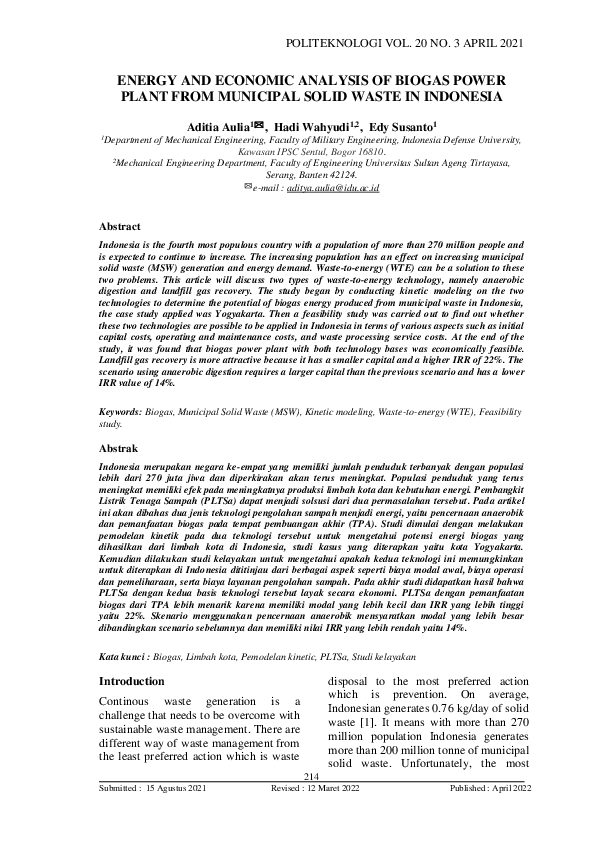 (PDF) Energy and Economic Analysis of Biogas Power Plant from Municipal ... (PDF) Energy and Economic Analysis of Biogas Power Plant from Municipal ...