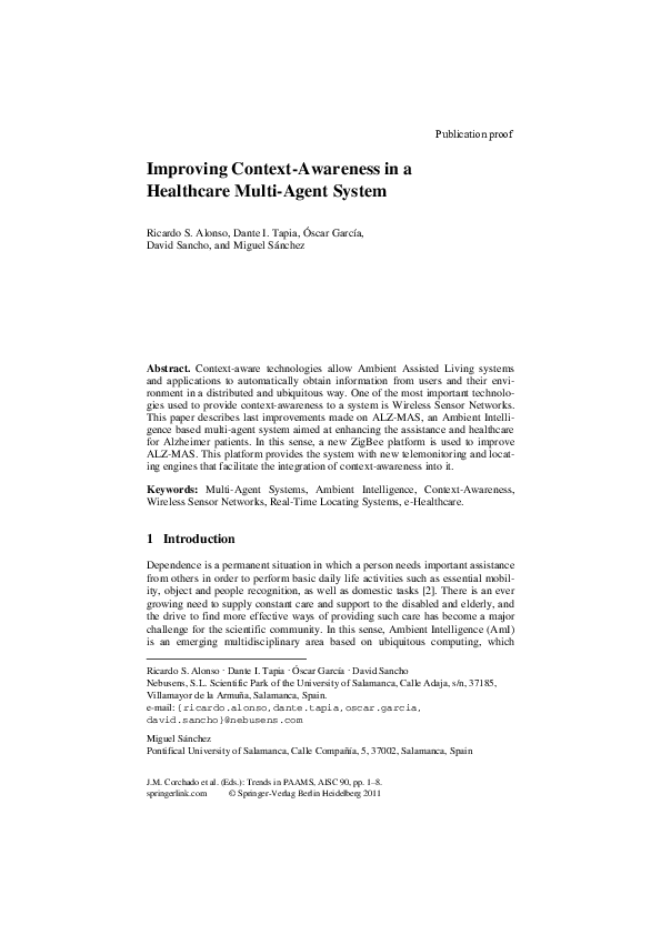 (PDF) Improving Context-Awareness in a Healthcare Multi-Agent System | Dante Tapia - Academia.edu
