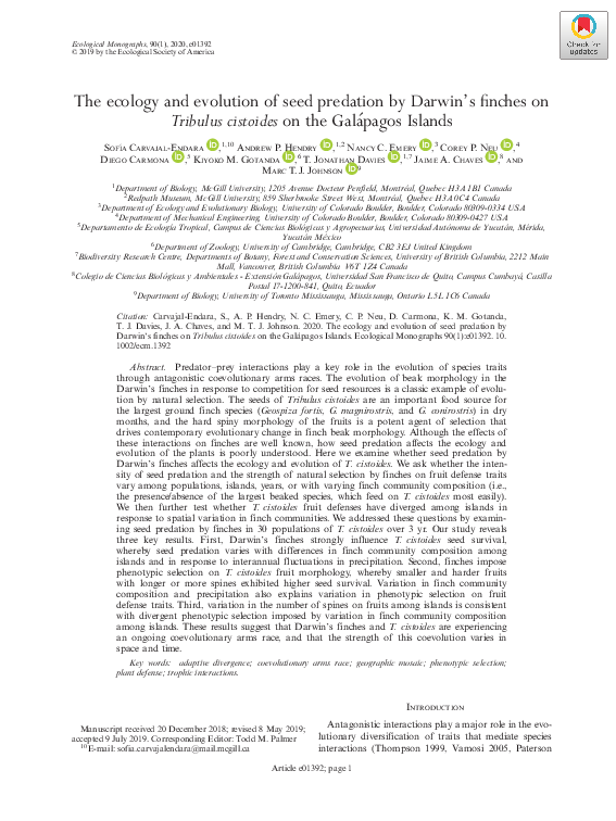 (PDF) The ecology and evolution of seed predation by Darwin's finches ...