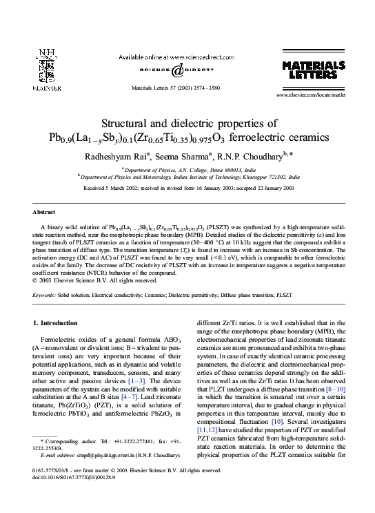 (PDF) Structural and dielectric properties of Pb0.9(La1−ySby)0.1(Zr0 ...