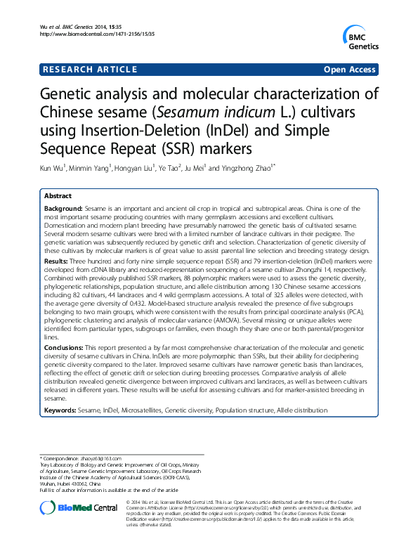 (PDF) Genetic analysis and molecular characterization of Chinese sesame (Sesamum indicum L ...