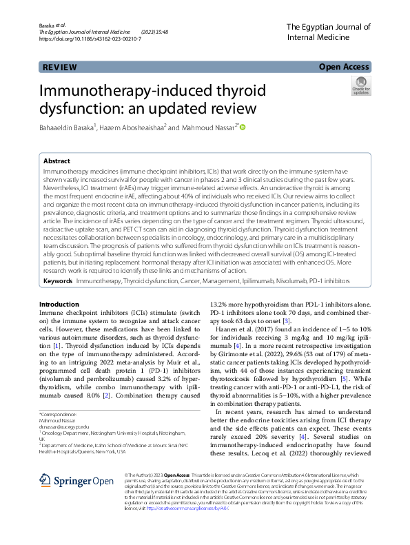 (PDF) Immunotherapy-induced thyroid dysfunction: an updated review