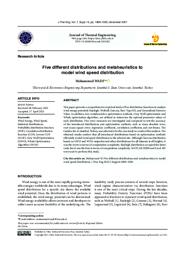 (PDF) Five different distributions and metaheuristics to model wind speed distribution