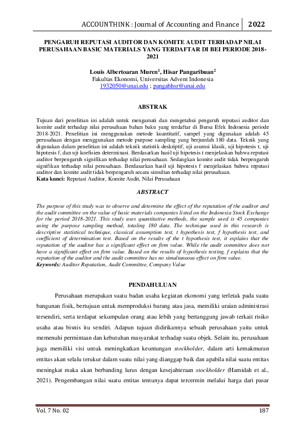 (PDF) Pengaruh Reputasi Auditor dan Komite Audit Terhadap Nilai ...