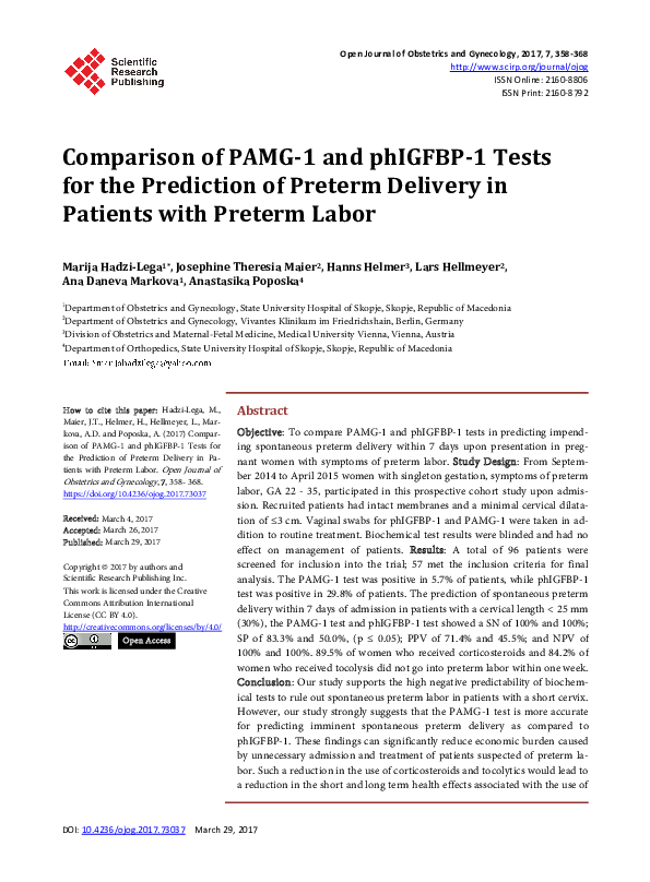 (PDF) Comparison of PAMG-1 and phIGFBP-1 Tests for the Prediction of ...